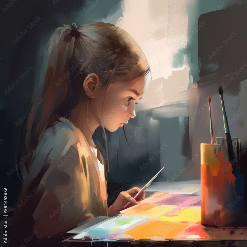 A little girl completely absorbed in a world of her own as she paints ...