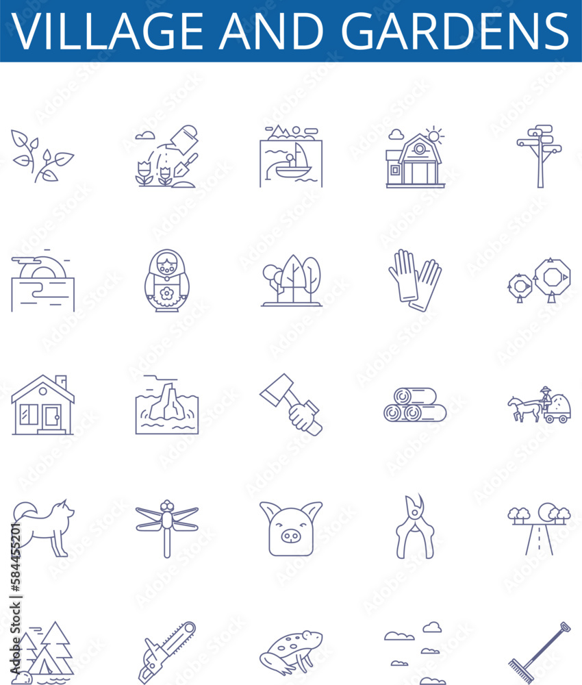 Village and gardens line icons signs set. Design collection of Village ...