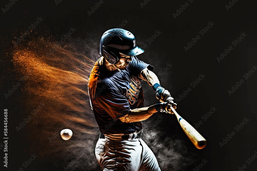 Professional baseball player in special helmet hits ball with bat ...