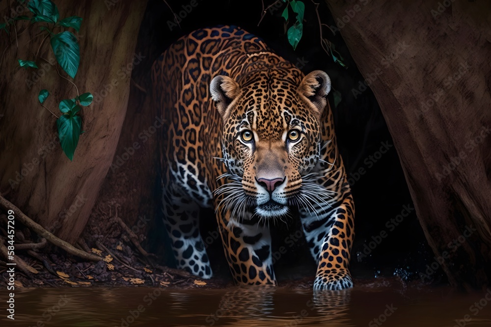 Leopard lurking in a rainforest at night portrait | Ai Generated animal ...