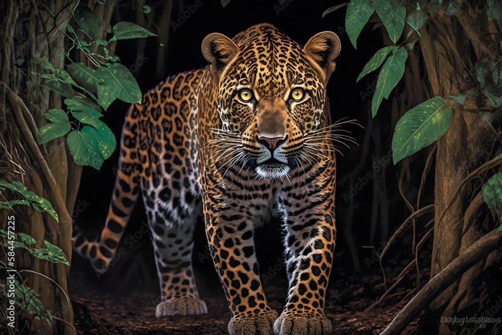 Ilustracja Stock: Leopard lurking in a jungle at night portrait | Ai ...