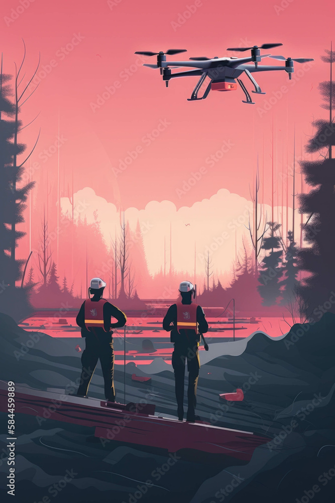 A team of first responders surveying a natural disaster site with a ...