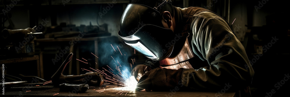 Welder at work, wearing a protective mask and gloves, in a dimly lit ...
