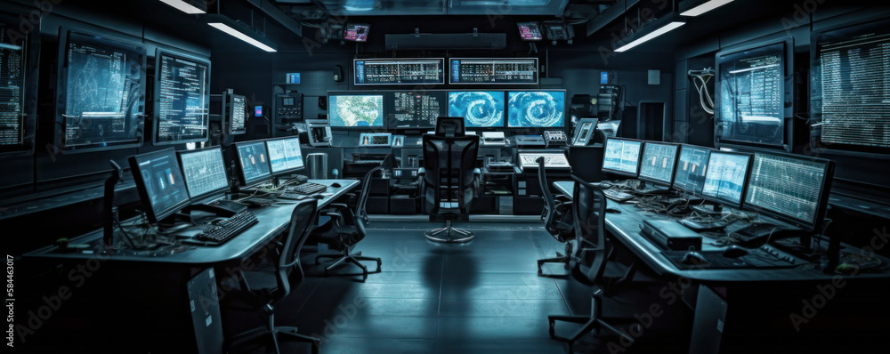 Modern futuristic control center with sleek metal surfaces and towering ...