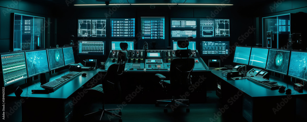 Modern futuristic control center with sleek metal surfaces and towering ...