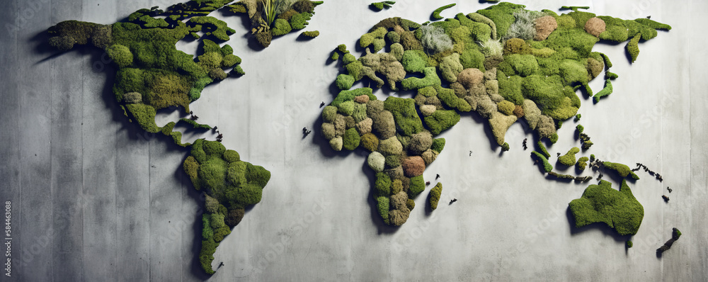 World map visible in full made of moss on a light concrete wall ...