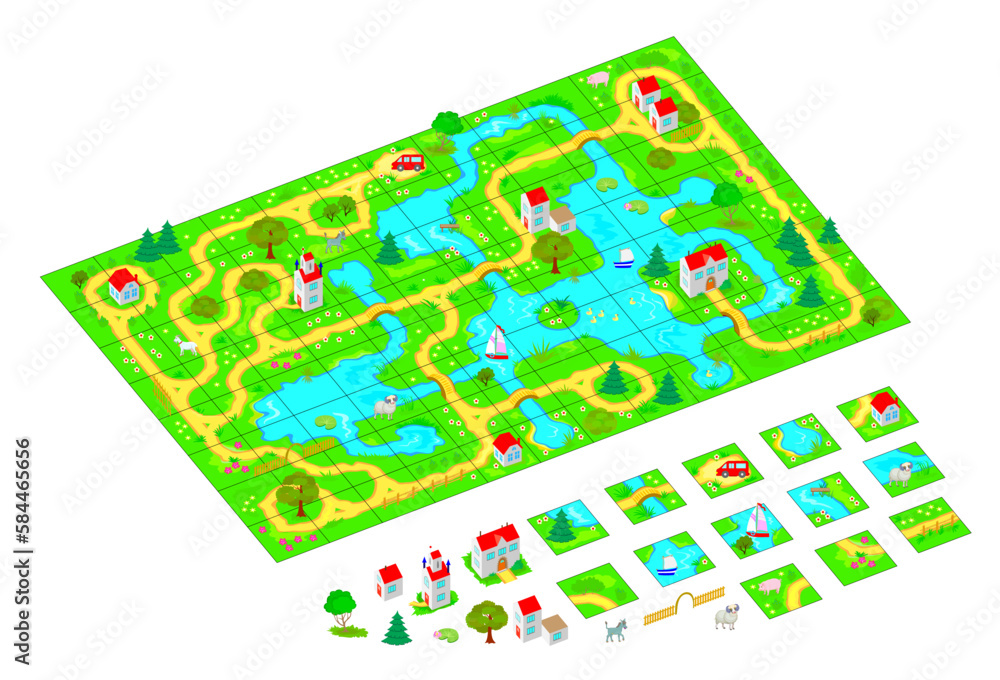 Set of 3d isometric tileset for creating video game with town and ...