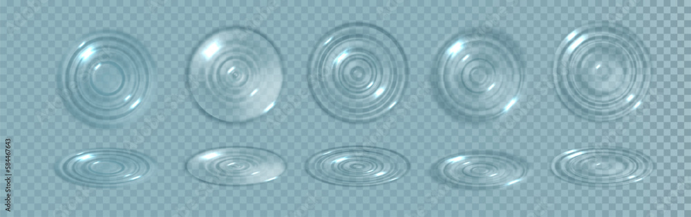 Ripple circle on blue water. Realistic waves of liquid product, splash ...
