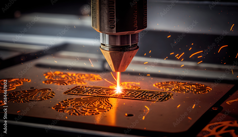 Modern orange CNC Laser technology machine. Cutting or engraving modern ...