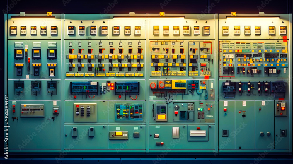 Large control panel with many buttons and switches. Generative AI ...