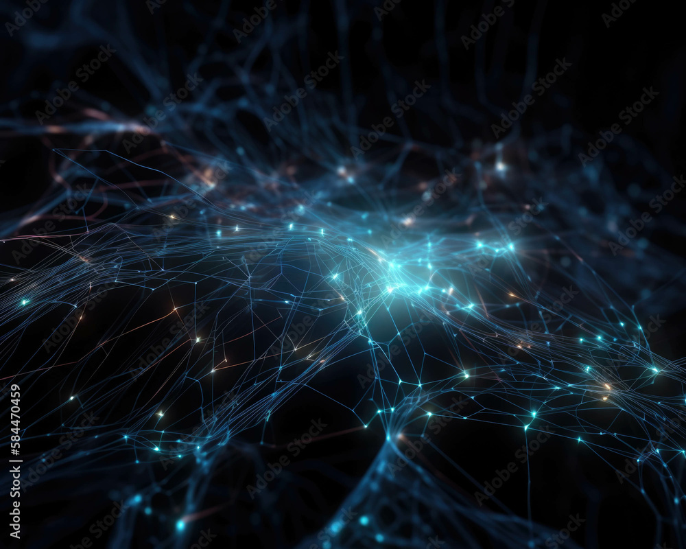 A network of glowing blue lines resembling a neural network stretching ...