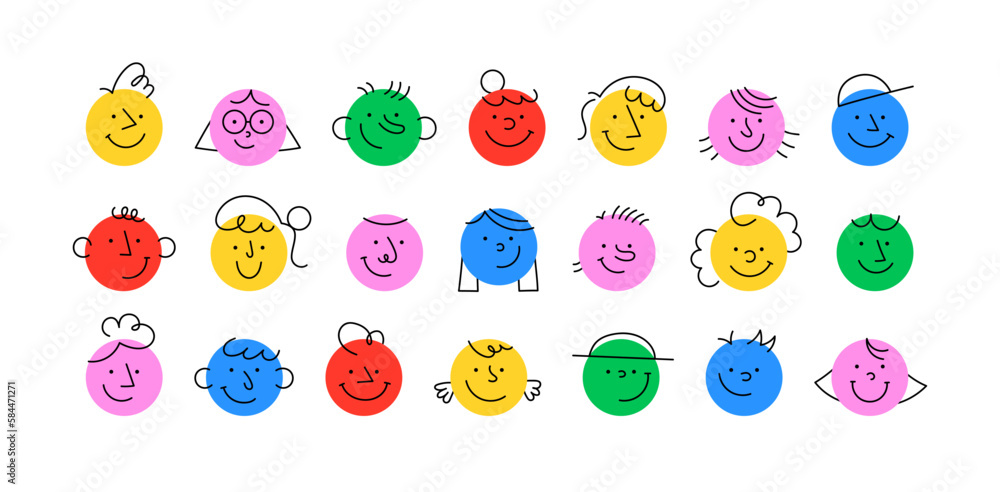 Colorful cartoon character face circle avatar illustration set. Funny ...