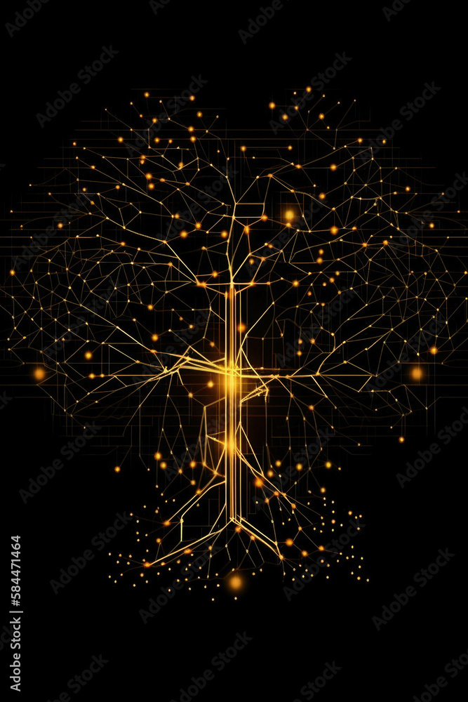 A symbol of a neural network outlined in LED lights scanning and yzing ...