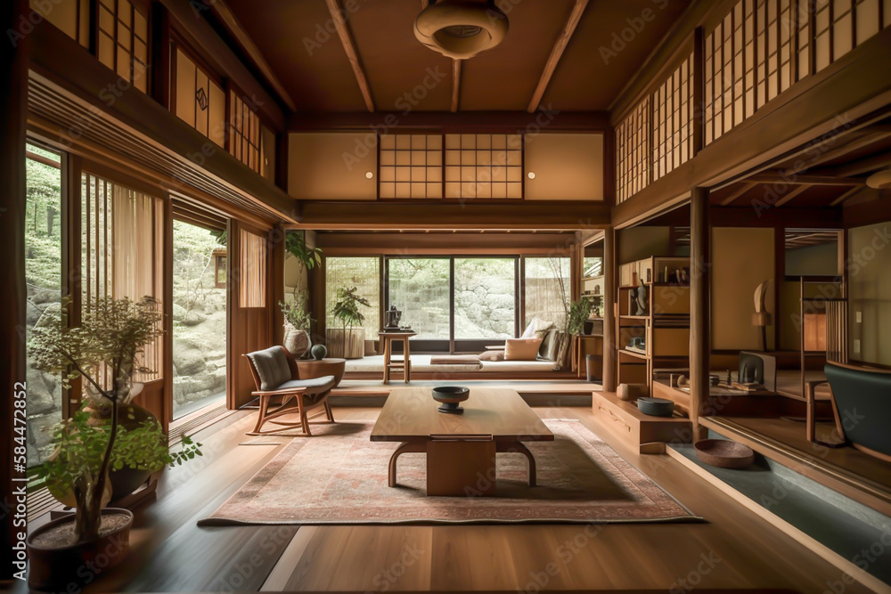 Traditional japanese tea room interior with tatami mats, sun light ...