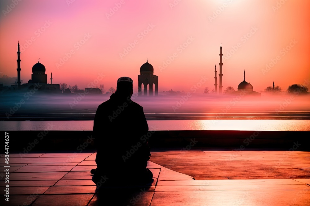 Muslim praying in a mystical environment, silhouette photo, no face ...