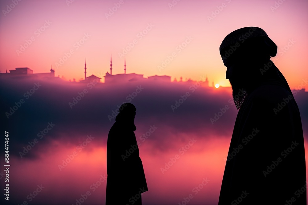 Muslim praying in a mystical environment, silhouette photo, no face ...