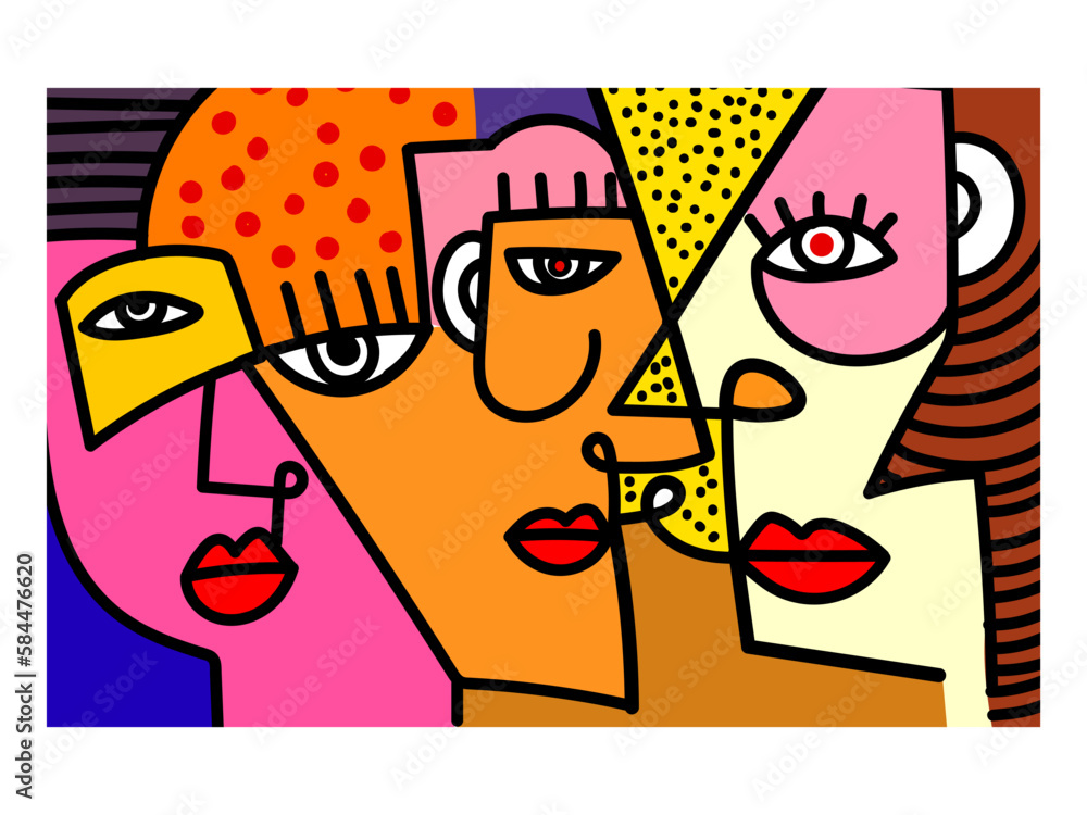 Set of colorful abstract face, decorative, line art, doodles hand drawn ...