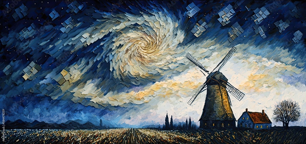 Colorful impressionist landscape. Swirling color spirals of planets and ...