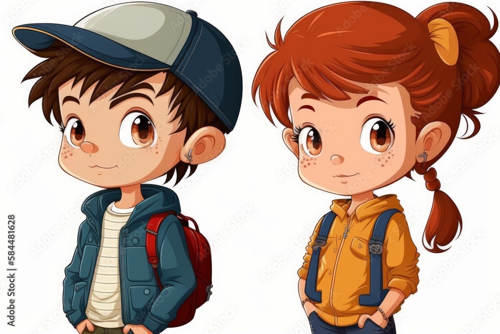 Drawing illustration of a boy and girl during school days with a white ... Drawing illustration of a boy and girl during school days with a white ...