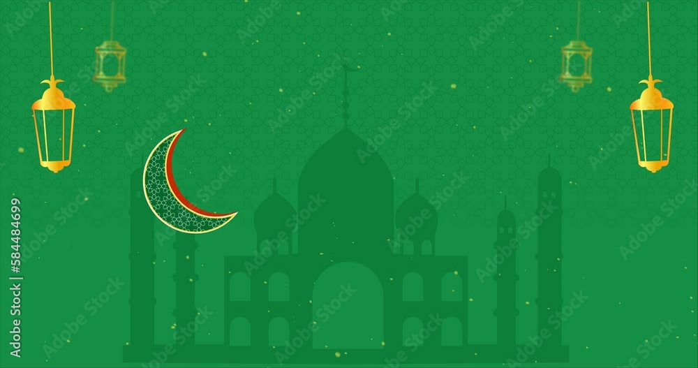 Ramadan Mubarak Animation Lantern Gold in Green color. Background ...