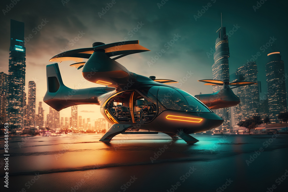 Future of urban air mobility, city air taxi. Concept car. Generative AI ...