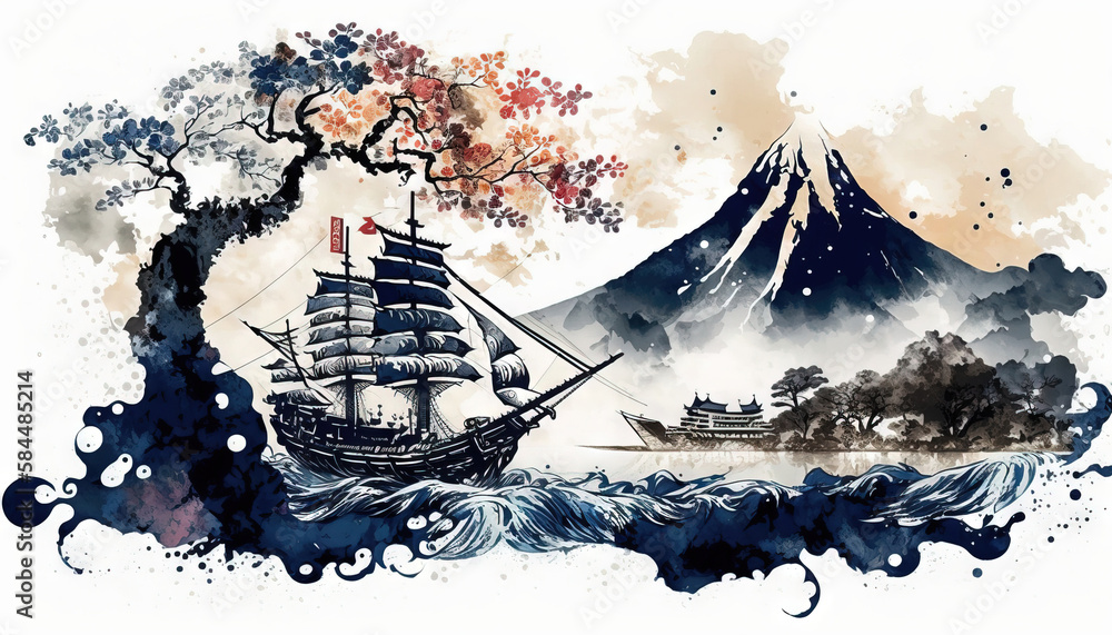 Japanese landscape painting. Oriental natural wave pattern with ocean ...