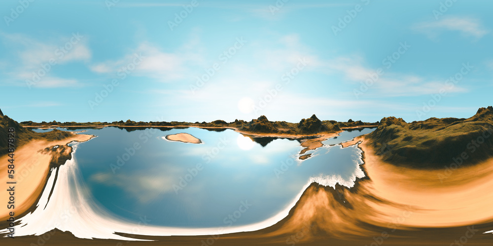 8K HDRI map, landscape with river and sandy beaches under a sunny sky ...