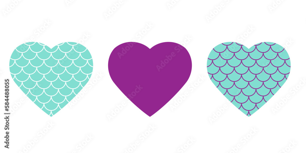 Mermaid scale heart icon set. Clipart image isolated on white ...