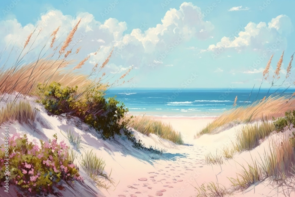Illustration of a remote deserted beach. Ocean access. Dreamy romantic ...