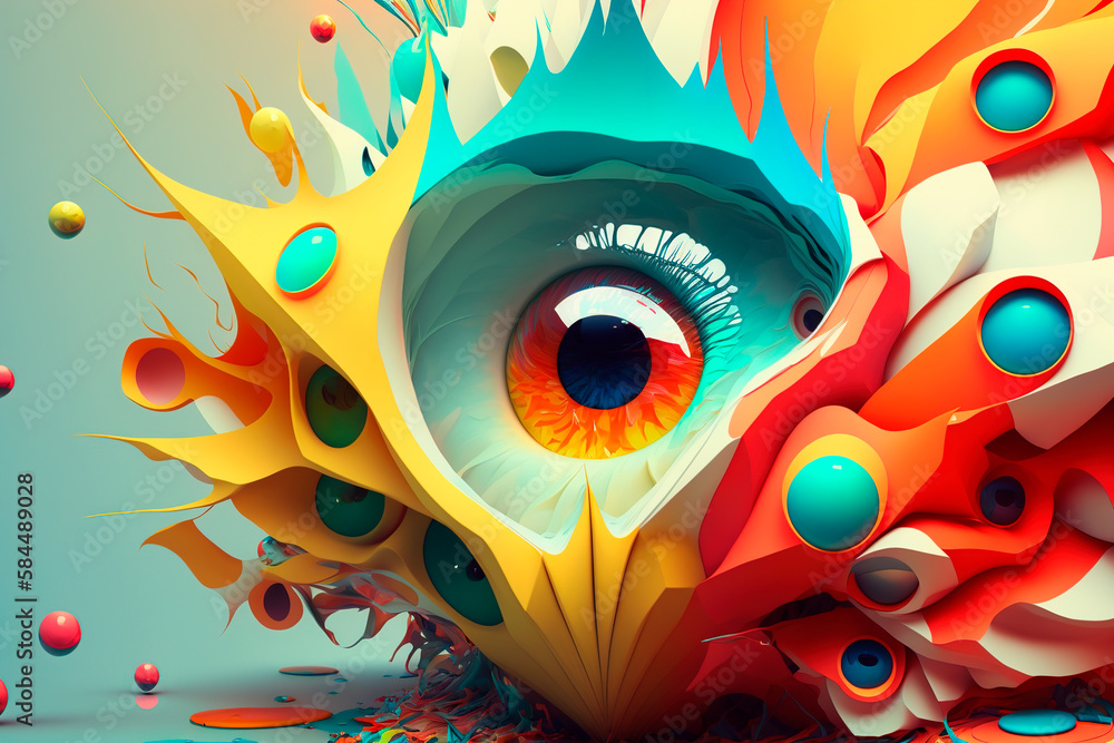 Big eye in multicolored splash. Concept of vision, ophthalmology, sense ...