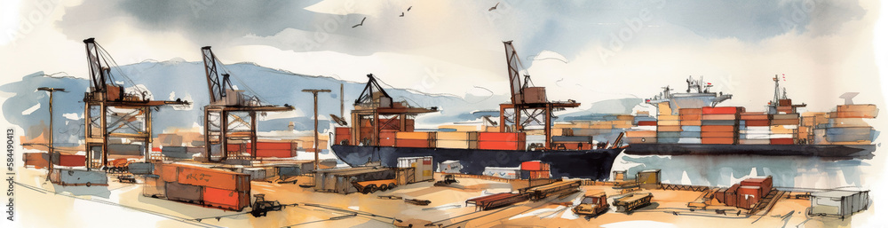 Panoramic banner, cargo container terminal, cargo port, AI generative ...
