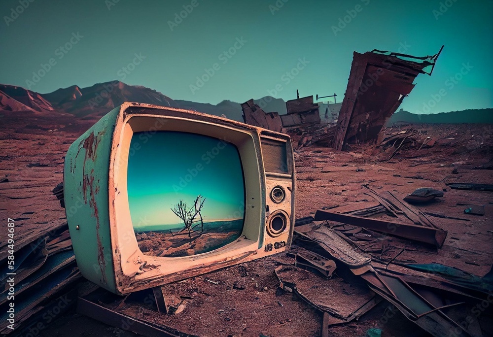An old TV lying on the ruins of a house. A post-apocalyptic ruined city ...