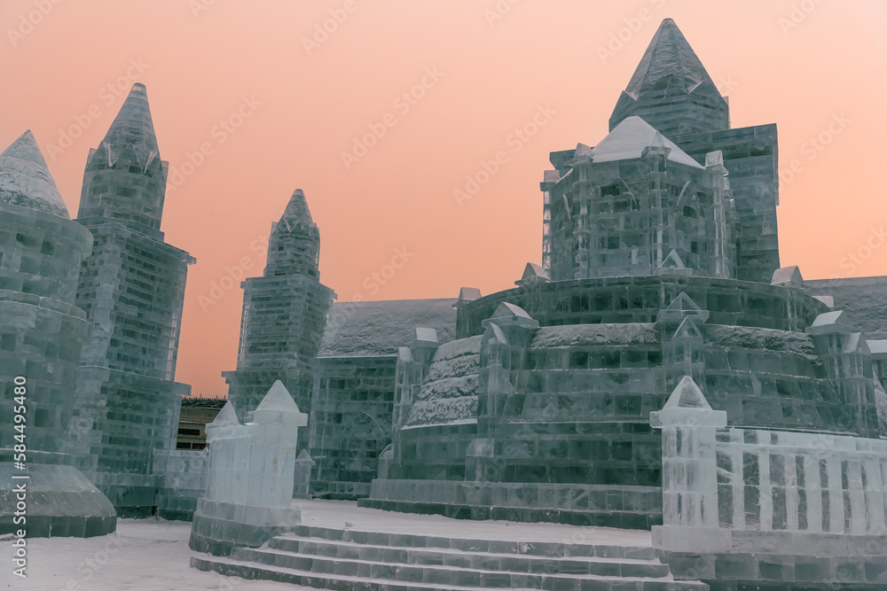 January 1, 2022, HARBIN, CHINA. Ice castle during the Harbin Ice ...