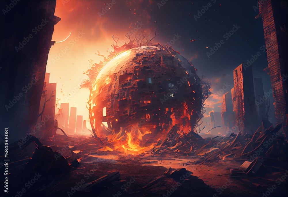 City on fire, destroyed by conflict, blazing with smoke and flame ...