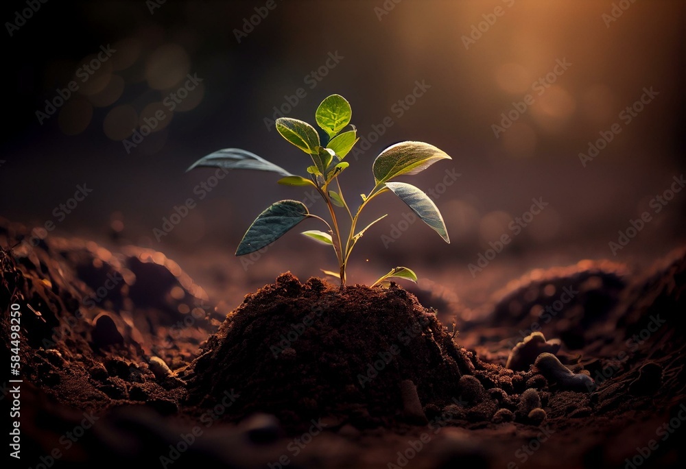 developing plant, Young plant with ground backdrop and dawn light, New ...