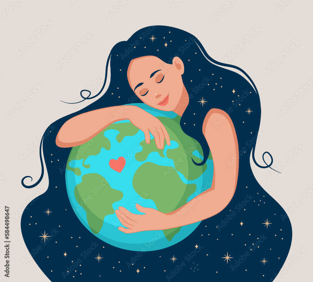 Beautiful woman hugs Earth globe with love. Girl with long hair full of ...