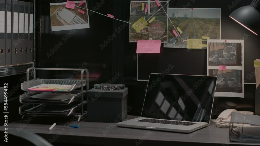 Empty evidence room equipped with clues and witness statements ...
