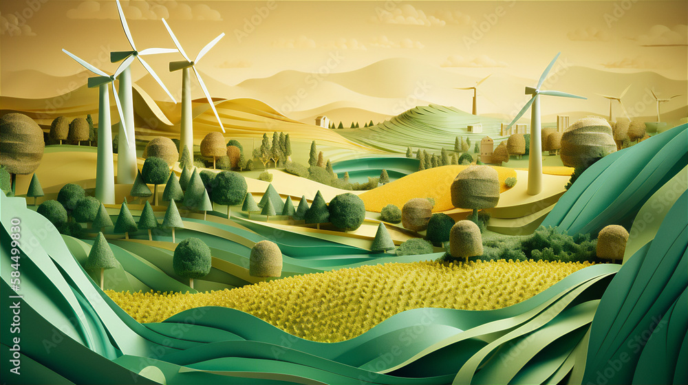 Paper art, renewable energy with green energy as wind turbines concept ...