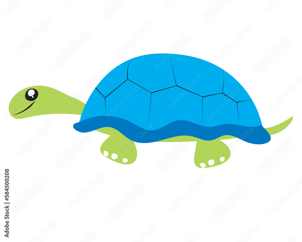 Vector illustration, drawing of green turtle and smiling, cartoon style ...