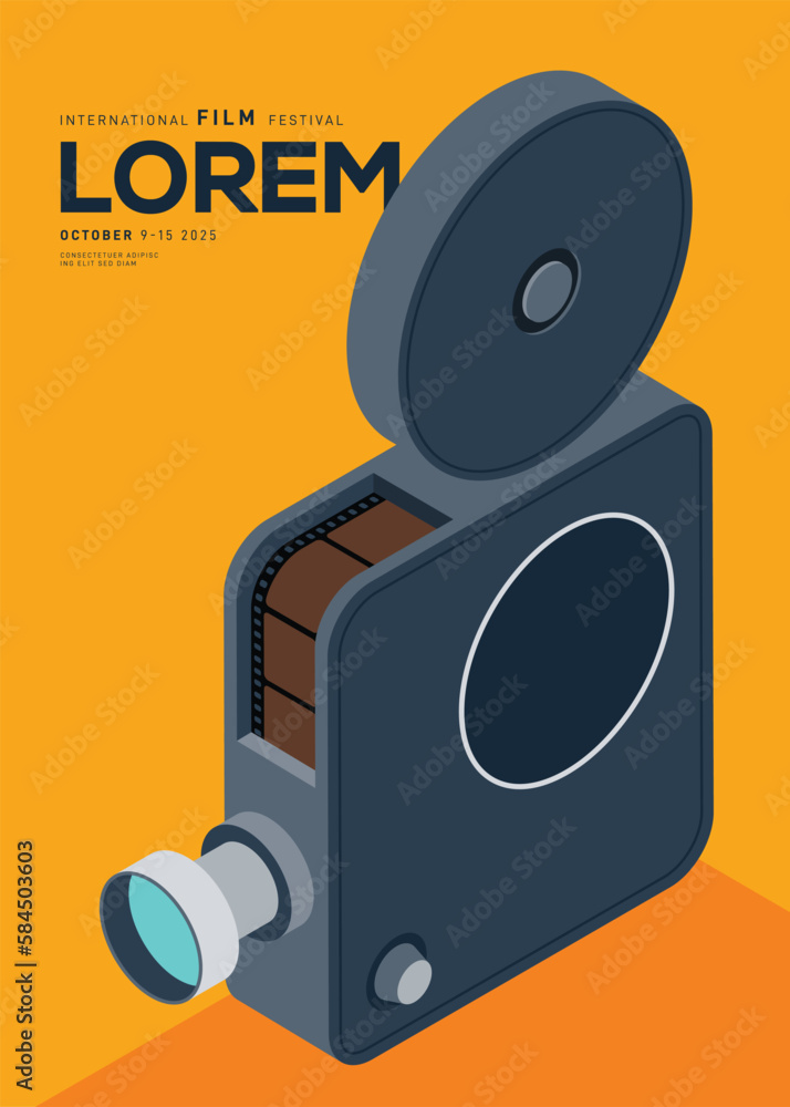 Movie poster design template background with isometric vintage film ...