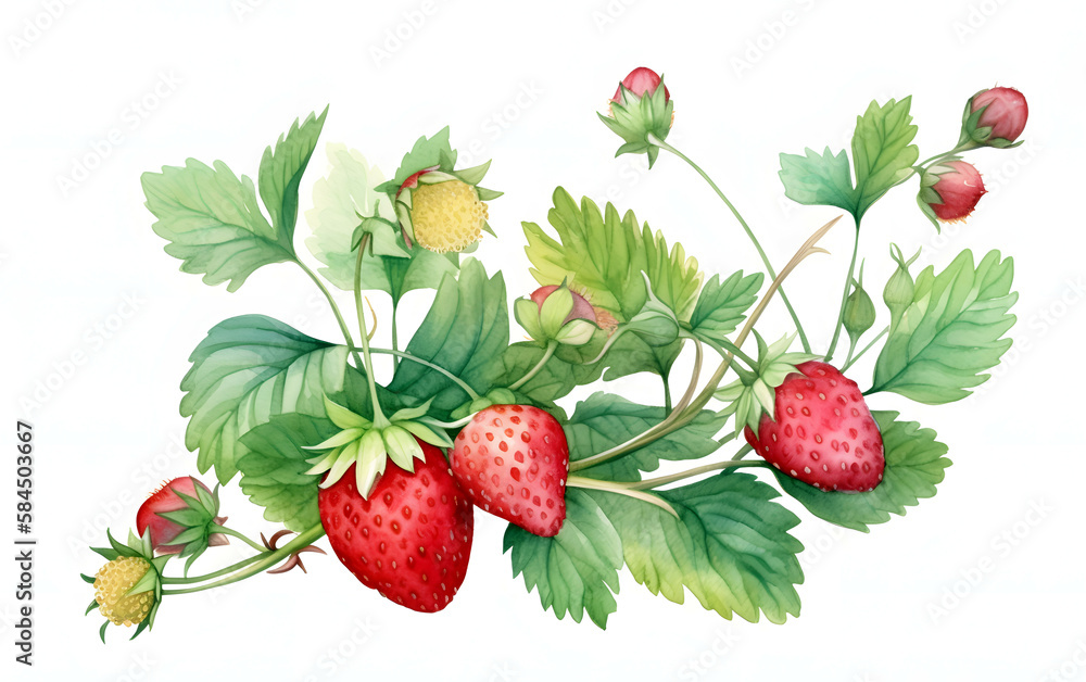 Hand drawn illustration of strawberry with branches, strawberry vines ...