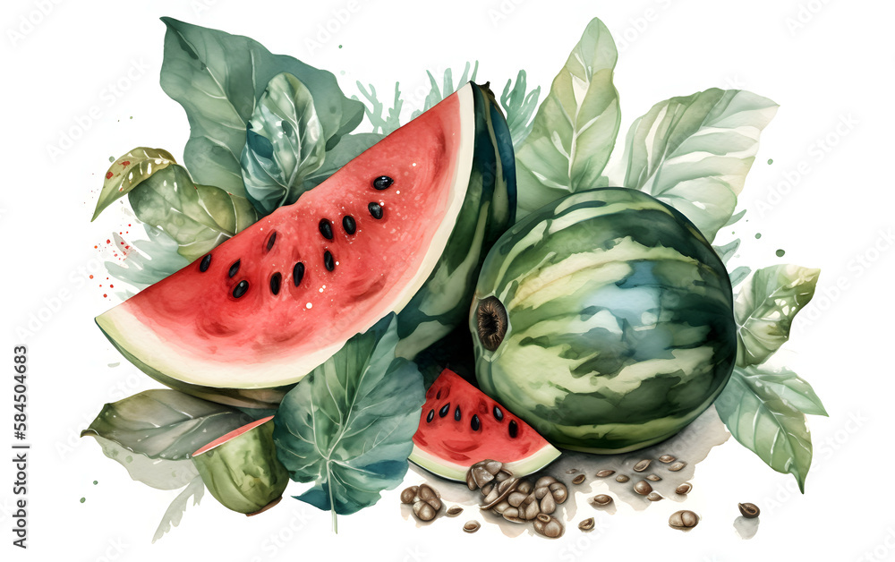 Hand drawn illustration of watermelon with branches, watermelon vines ...