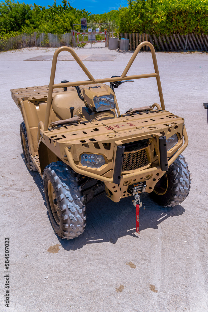 MIAMI, FLORIDA - CIRCA MAY 27, 2022: Vertical shot of military ATV at ...