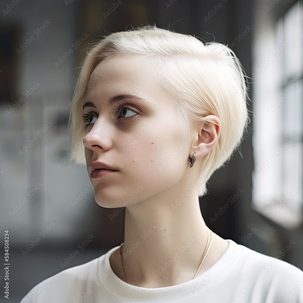 Side portrait of a white woman with sidecut undercut haircut. Blond ...