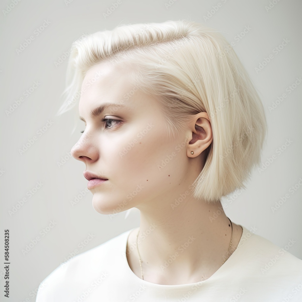 Side portrait of a white woman with sidecut undercut haircut. Blond ...