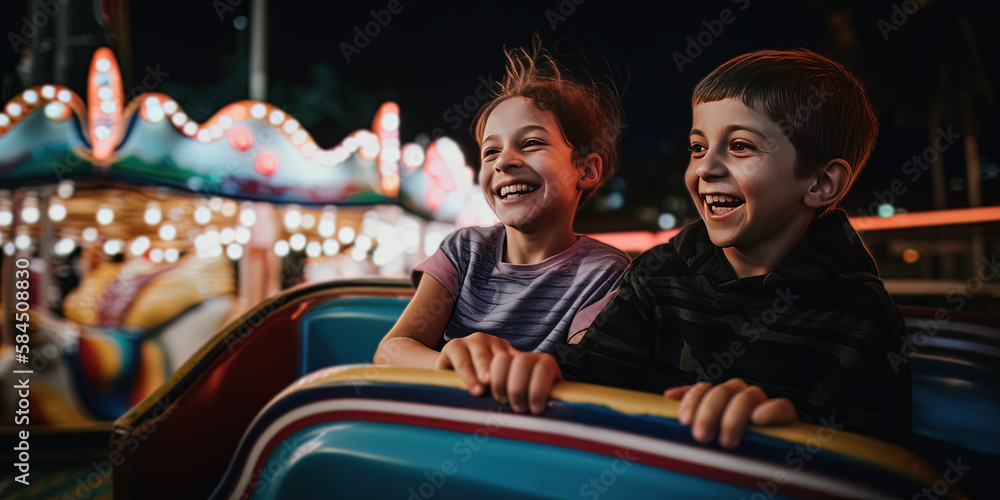 Two kids on a ride at the amusement park at night by generative AI ...