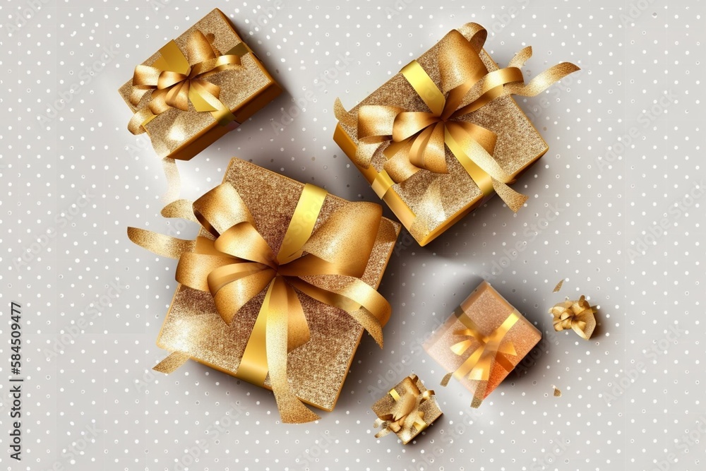 golden gift boxes with bright golden ribbon bow isolated on transparent ...