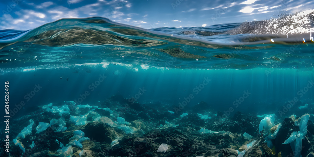 beautiful ocean with plastic waste floating on the surface ...