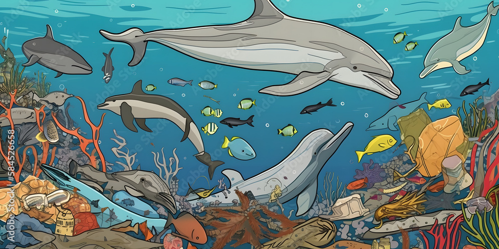 beautiful ocean with plastic waste floating on the surface ...
