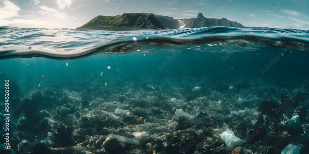 beautiful ocean with plastic waste floating on the surface ...